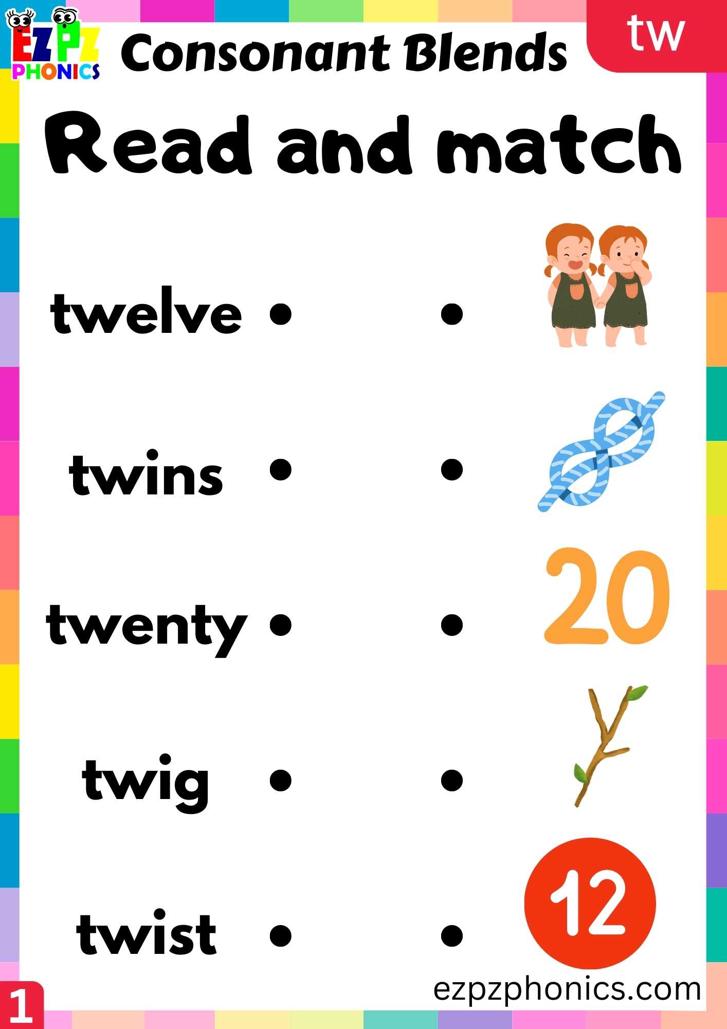 Tw Words Read And Match Phonics Consonant Blends Worksheet